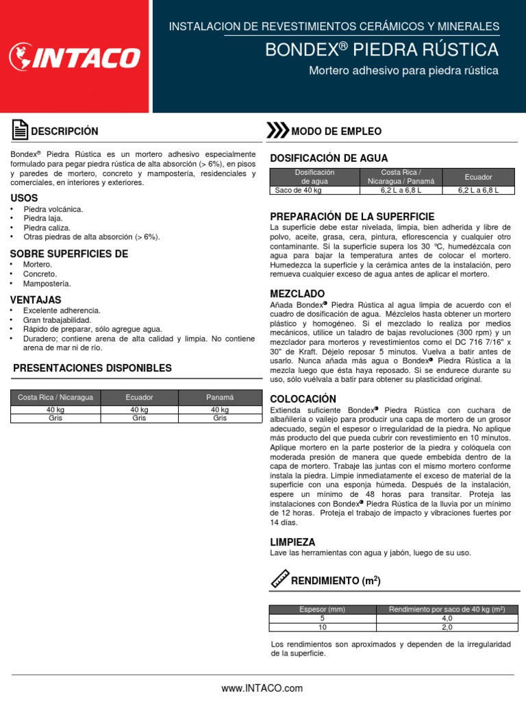FT Bondex Piedra Rustica (Intaco) - 1 | PDF | Mortero (Albañilería) | Agua