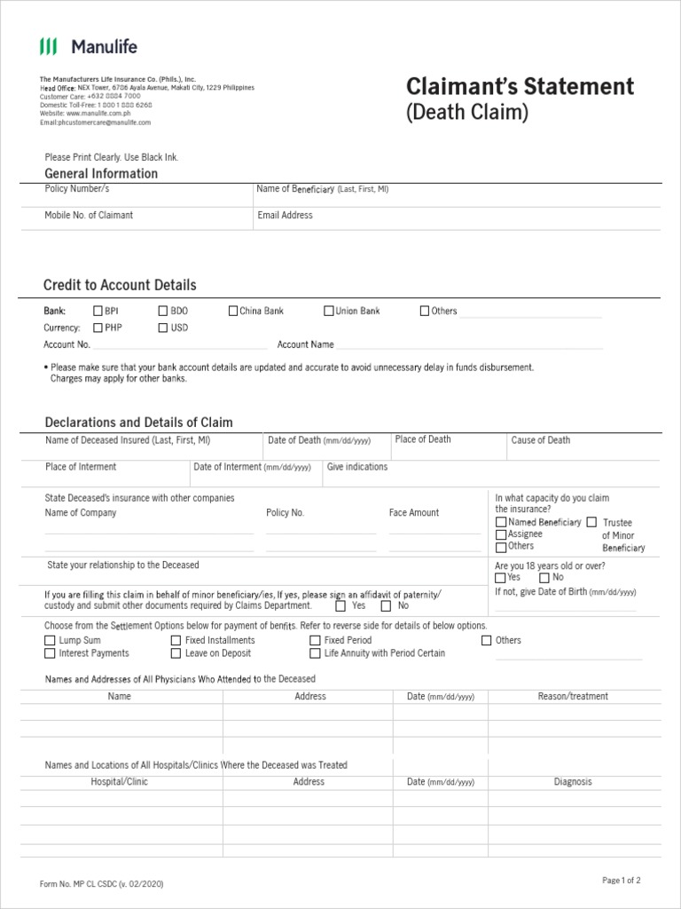 Manulife Death Claim Form Instructions | PDF | Interest | Personal Finance