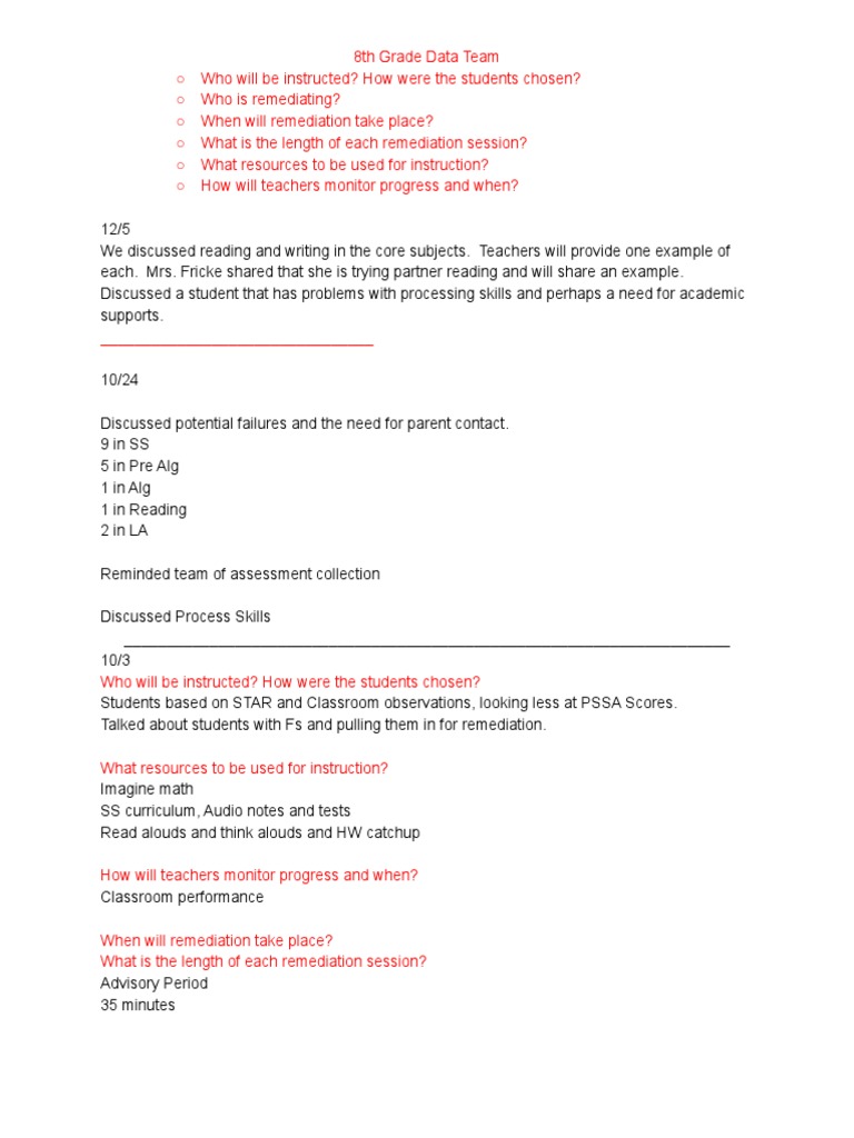 8th Grade Data Team Meeting | PDF | Teachers | Literacy