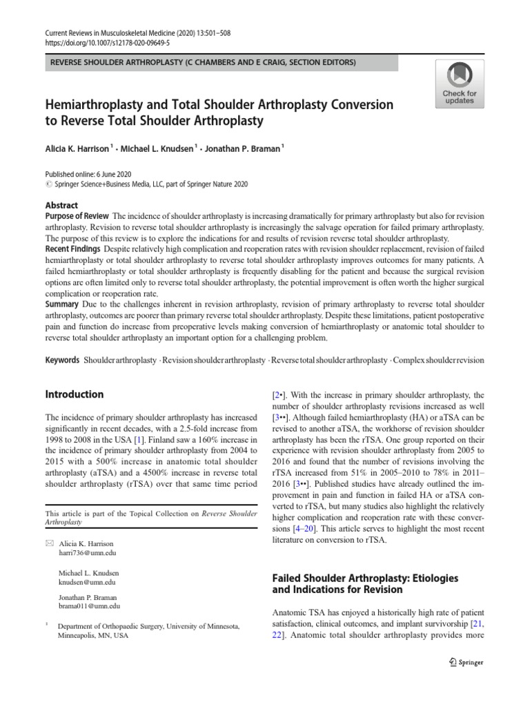 Hemiarthroplasty and Total Shoulder Arthroplasty Conversionto Reverse ...