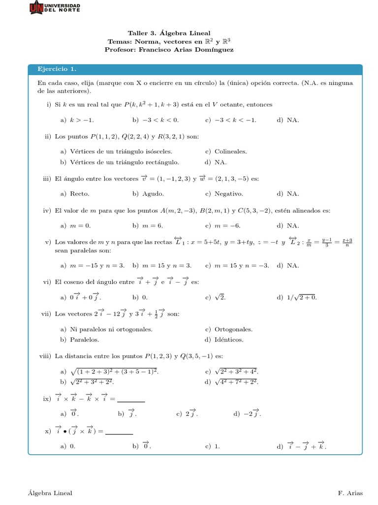 Taller 3 - Álgebra Lineal - Norma Vectorial y Vectores en R2 y R3 | PDF ...