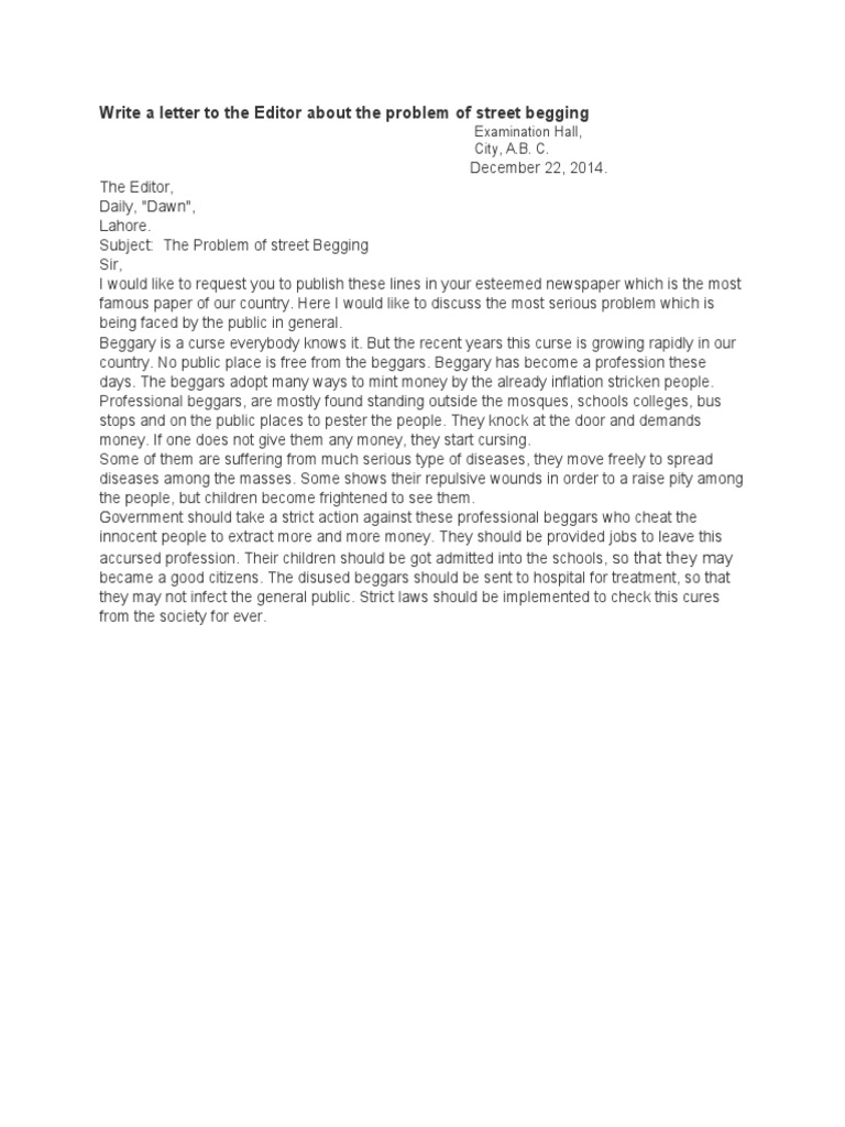 Write A Letter To The Editor About The Problem of Street Begging | PDF