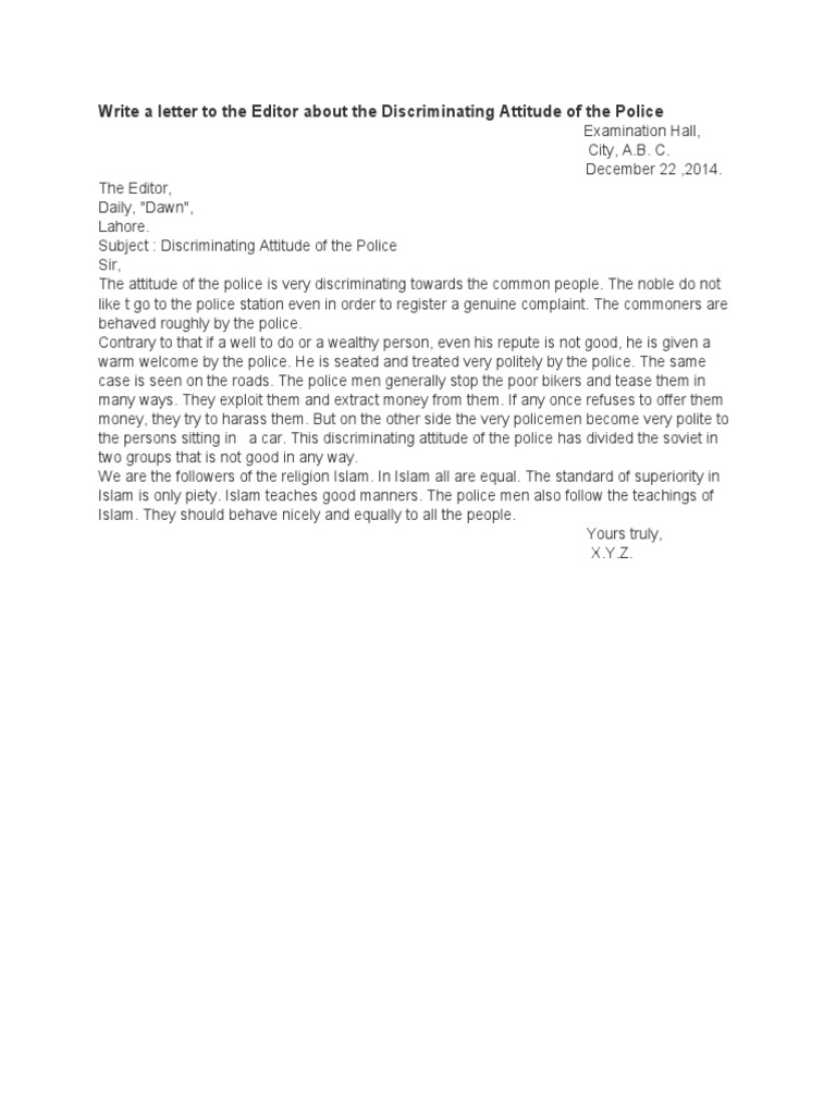 Write A Letter To The Editor About The Discriminating Attitude of The ...