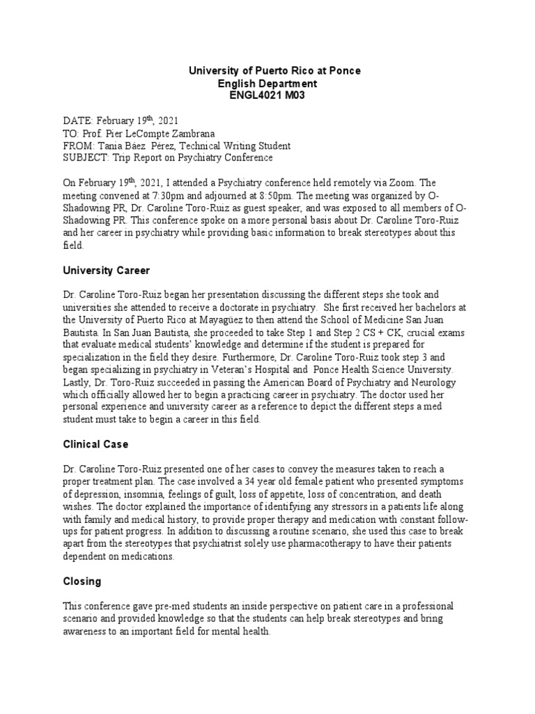 Trip Report Technical Writing | PDF | Medical School | Psychiatry