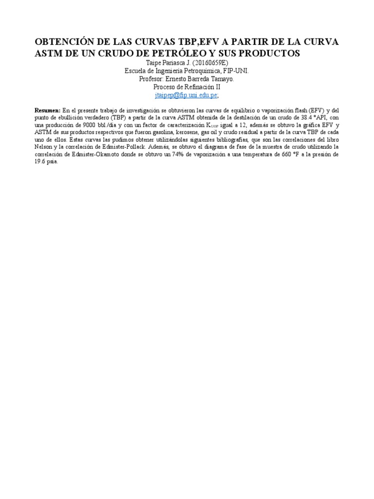 Curva Astm Efv TBP Taipeee | PDF | Destilación | Ingeniería de Procesos Químicos