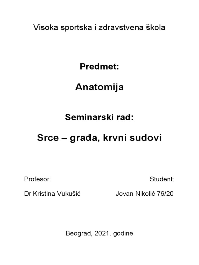 Anatomija - Seminarski - Srce | PDF