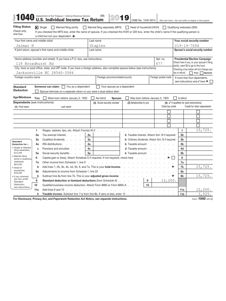 U.S. Individual Income Tax Return: Staples 219-19-7094 Jaimar H | PDF ...