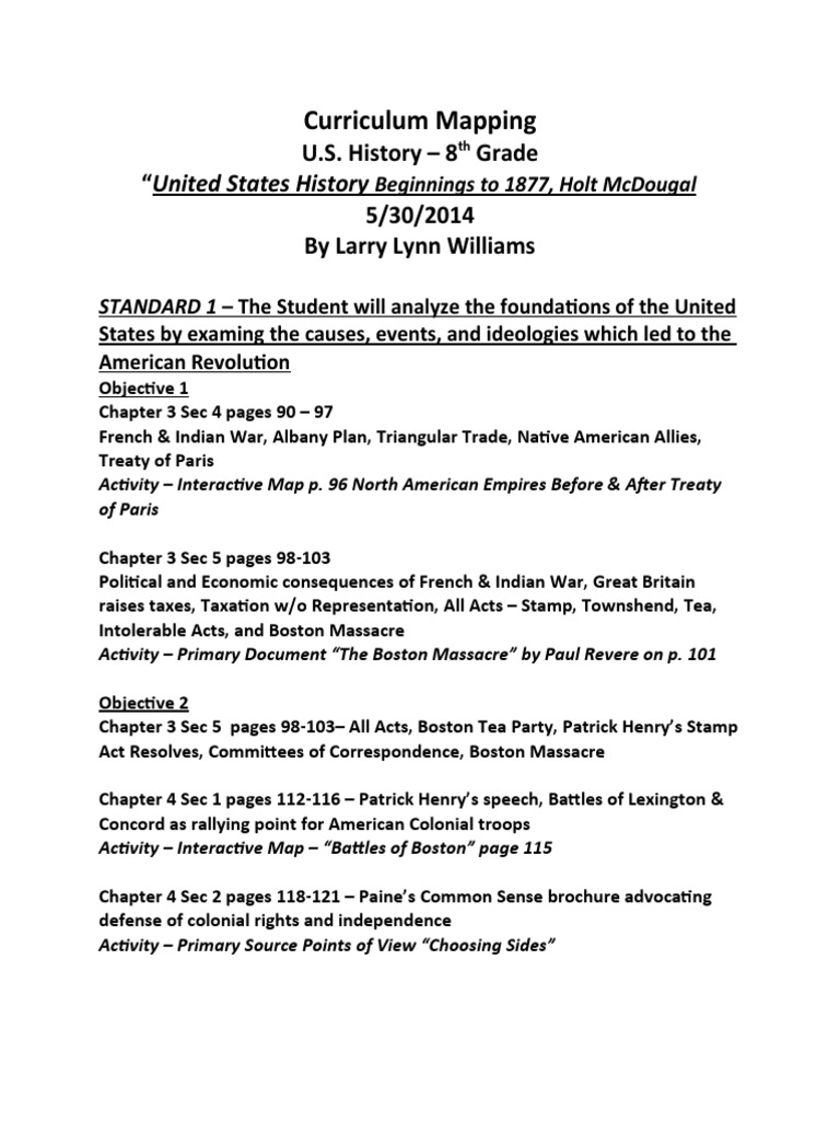Curriculum Mapping: U.S. History - 8 Grade "United States History 5/30 ...