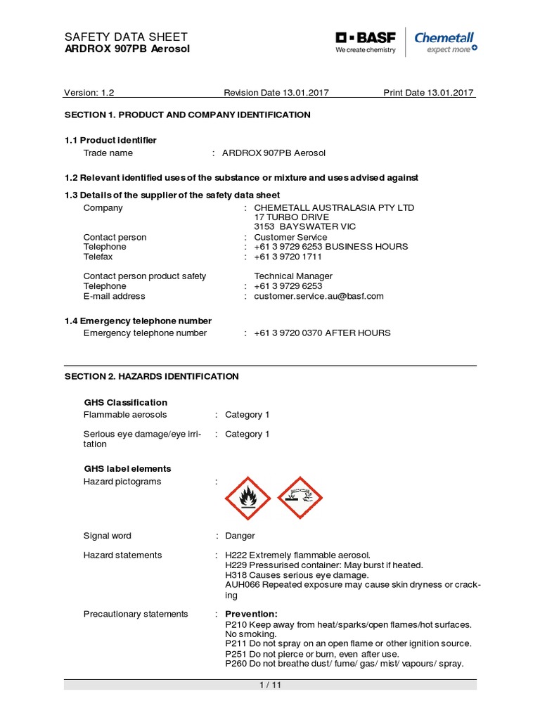 Safety Data Sheet: ARDROX 907PB Aerosol | PDF | Toxicity | Dangerous Goods