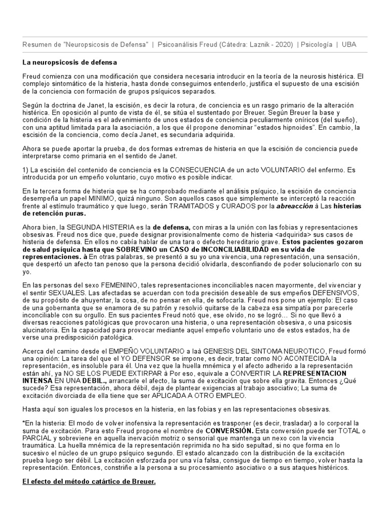 Resumen de - Neuropsicosis de Defensa - Psicoanálisis Freud (Laznik - 2020) - Psicología - UBA ...
