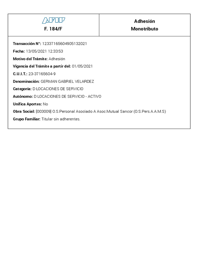 AFIP - Formulario 184 | PDF