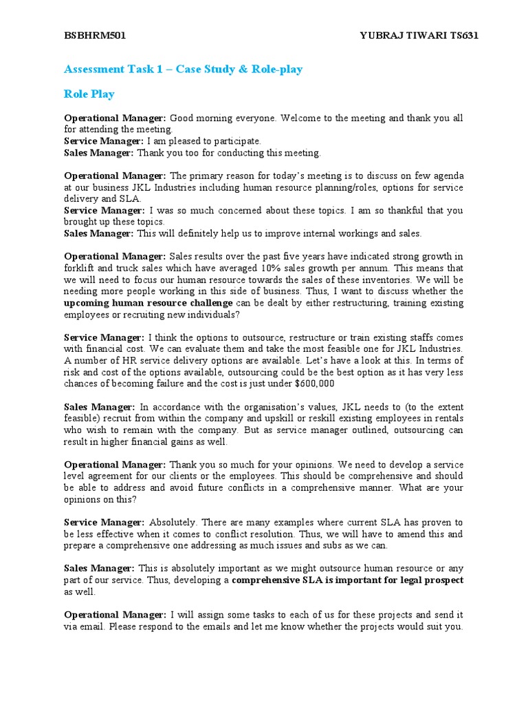 Assessment Task 1 - Case Study & Role-Play Role Play | PDF | Return On ...