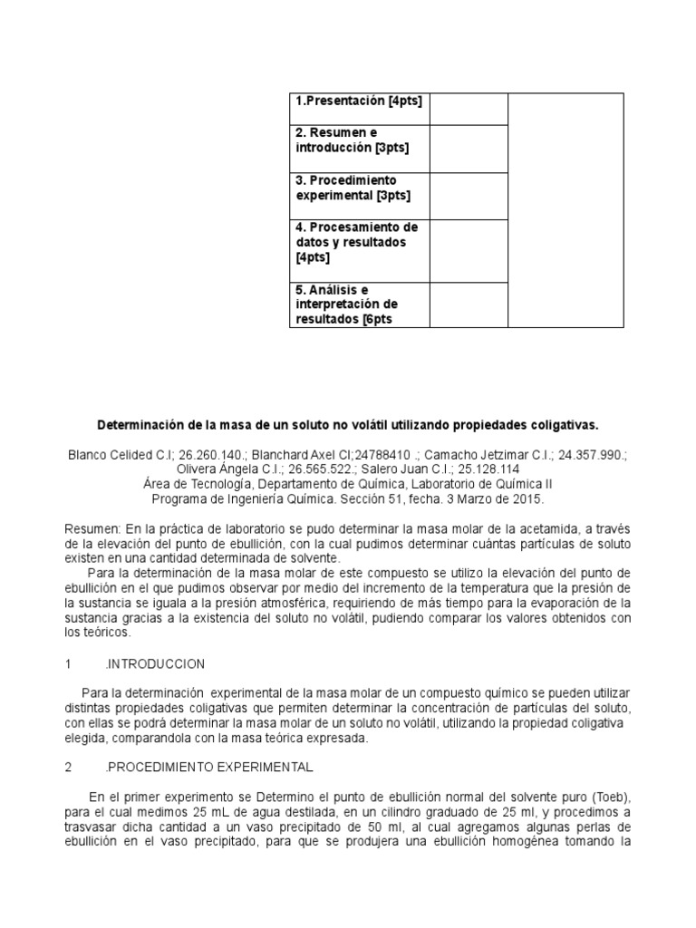 Determinación de La Masa de Un Soluto No Volátil Utilizando Propiedades ...