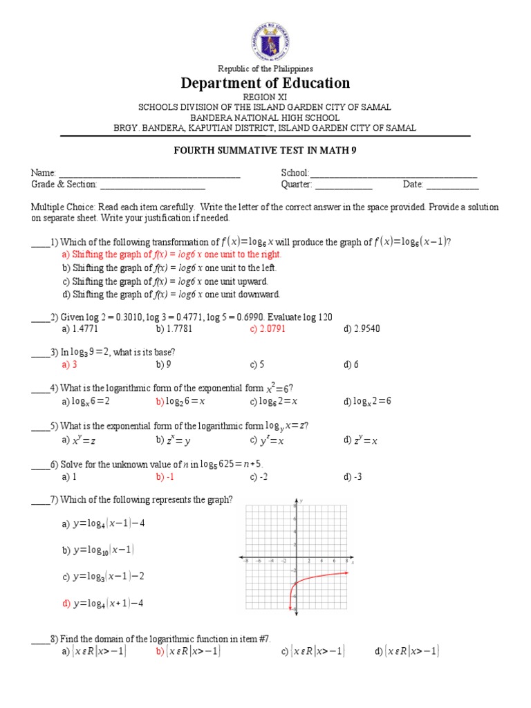 Department of Education: F (X) Log X F (X) Log X - 1) | PDF | Logarithm ...