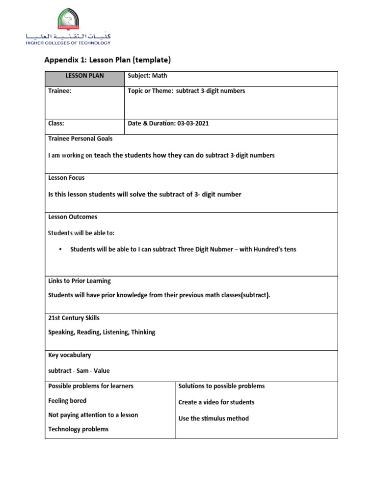 Asma Evaluation Form Subtract 3-Digit Numbers | PDF | Lesson Plan ...