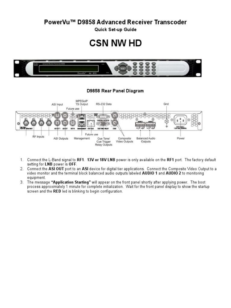 Power Vu D9858 Quick Set-Up Guide | PDF | Broadcasting | Computer Science
