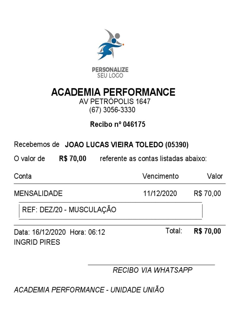 Recibo de pagamento de mensalidade de academia para o mês de dezembro ...