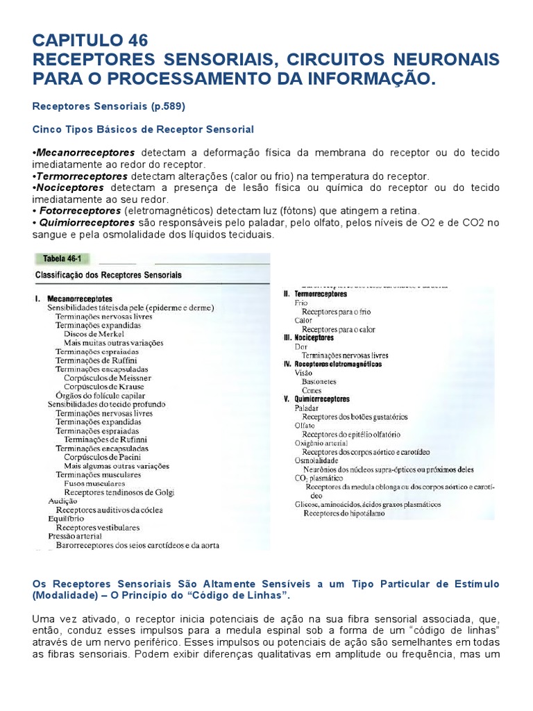 Capitulo 46 Resumo Fisiologia Guyton | PDF | Estímulo (Fisiologia) | Neurônio