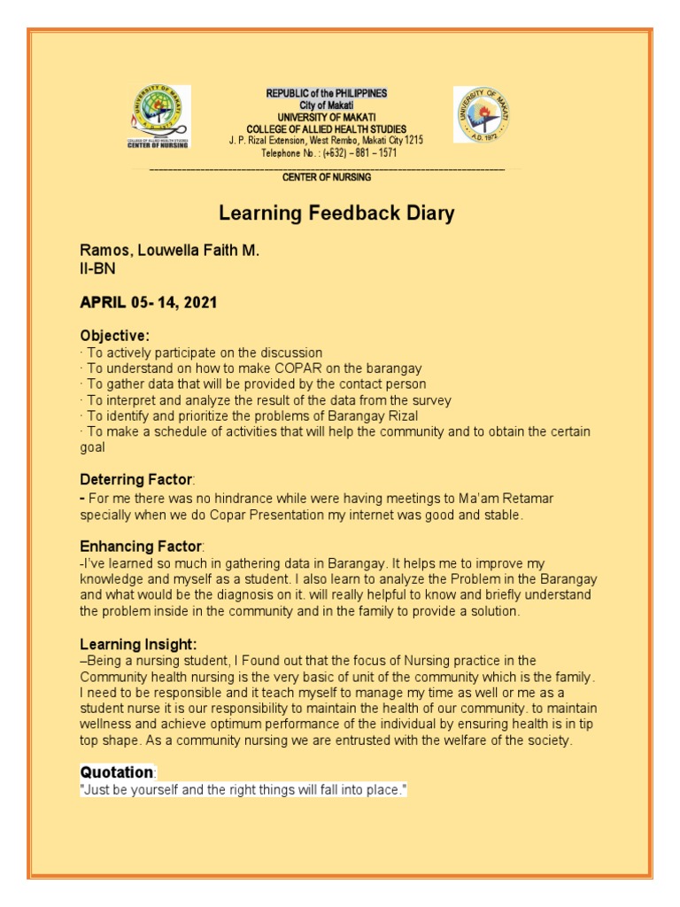 COPAR Learning Feedback Diary for Barangay Rizal | PDF