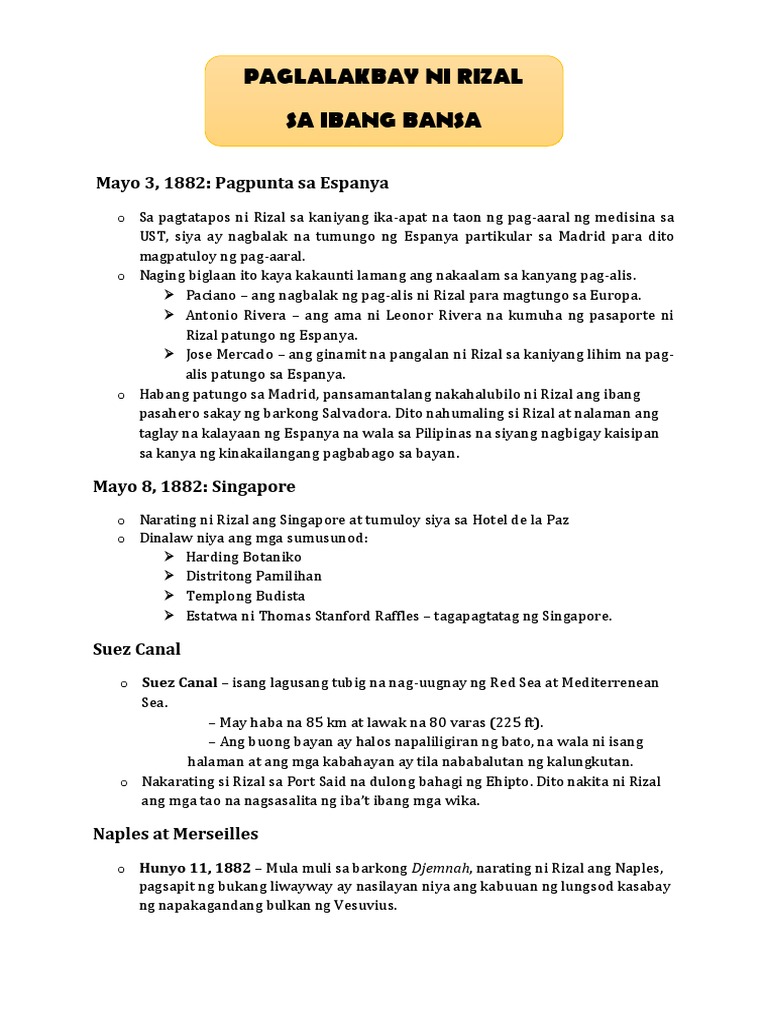 Paglalakbay Ni Rizal Sa Ibang Bansa | PDF