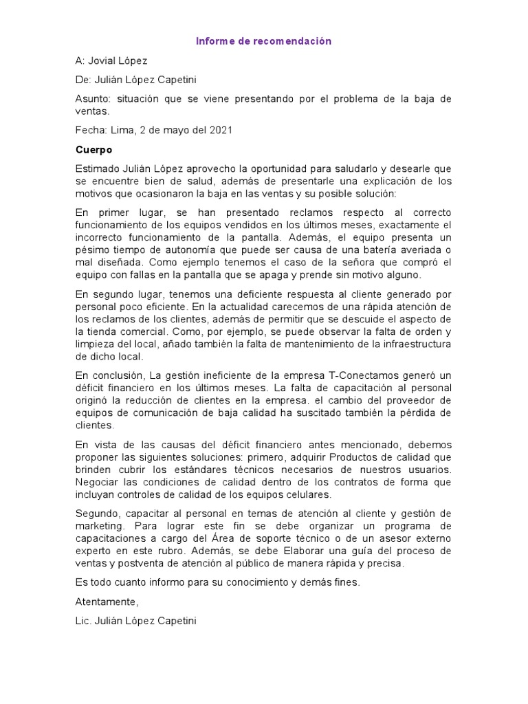 Informe de Recomendación T-Conectamos | PDF