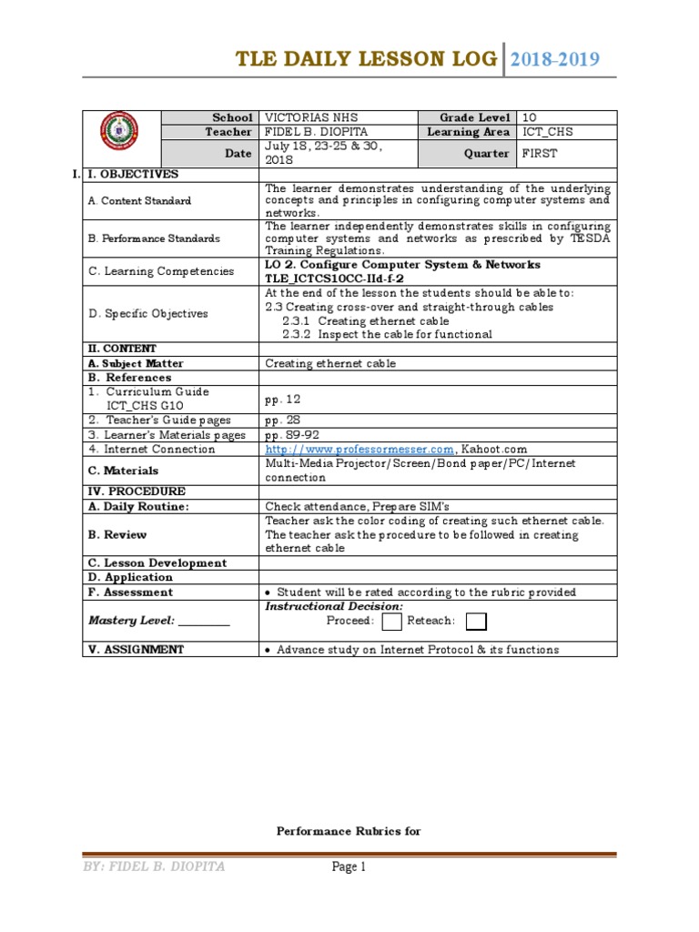 Tle Daily Lesson Log: A. Content Standard | PDF | Rubric (Academic ...