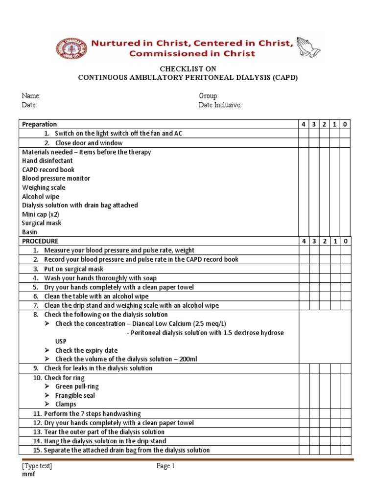 Checklist On Continuous Ambulatory Peritoneal Dialysis (Capd ...