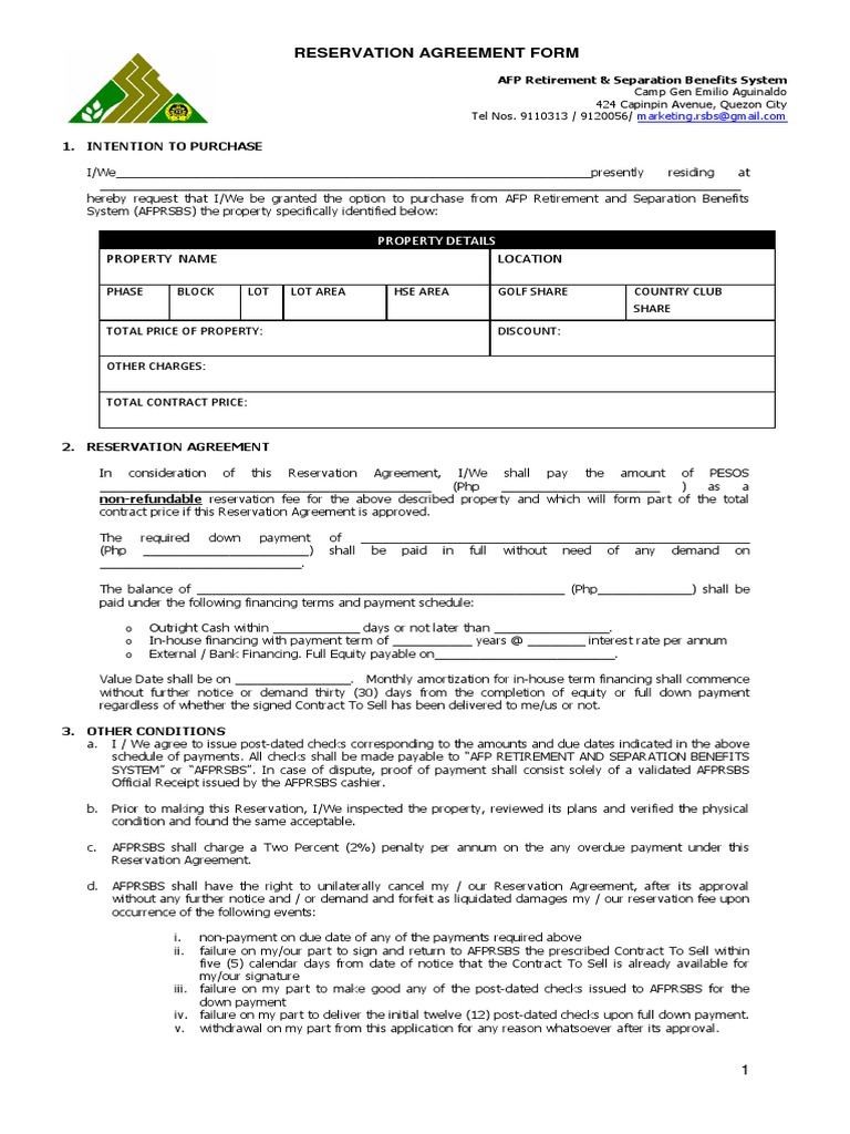 Reservation Agreement Form: Property Name Location | PDF | Payments | Fee