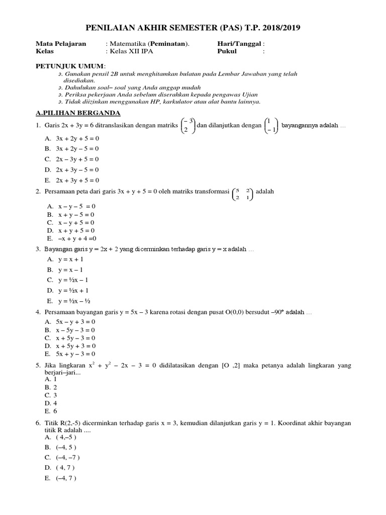 Soal Latihan Pas Matematika Peminatan Xii-Ipa | PDF