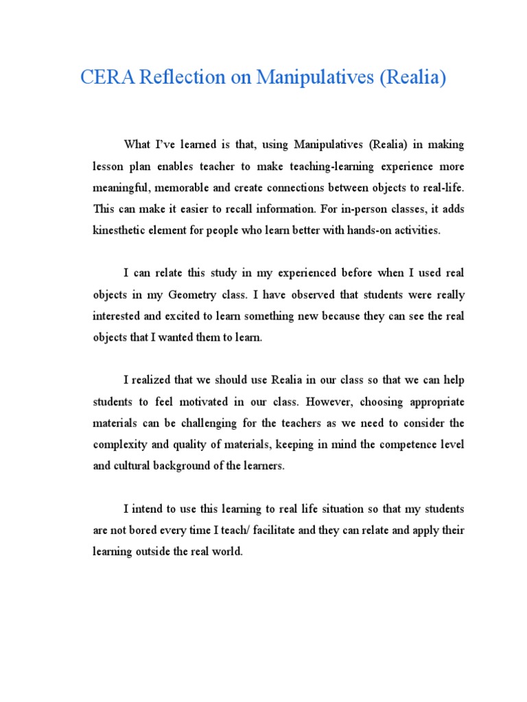 CERA Reflection On Manipulatives (Realia) | PDF
