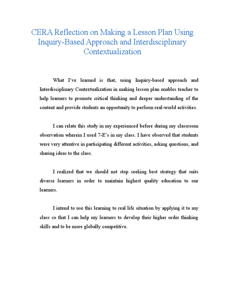 CERA Reflection On Making A Lesson Plan Using Inquiry-Based Approach ...