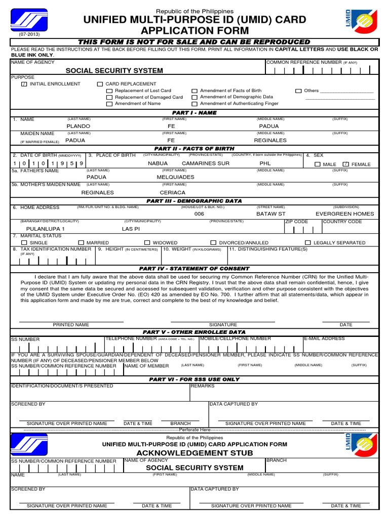 Application Form Unified Multi-Purpose Id (Umid) Card: Social Security ...