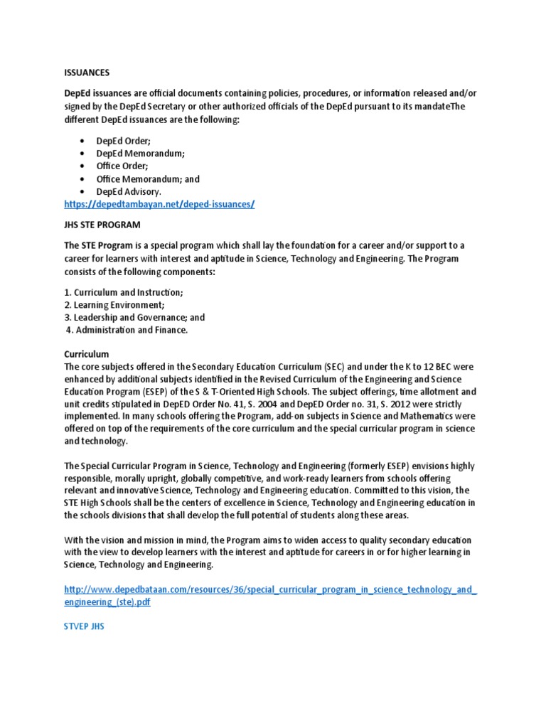 Issuances STEP JHS AND STVEP JHS | PDF | Curriculum | Human Nature