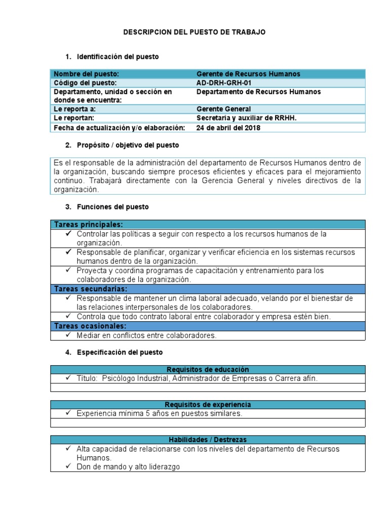 Descriptor de Puesto Gerente Recursos Humanos, Cargo, S.A | PDF | Gestión de recursos humanos ...