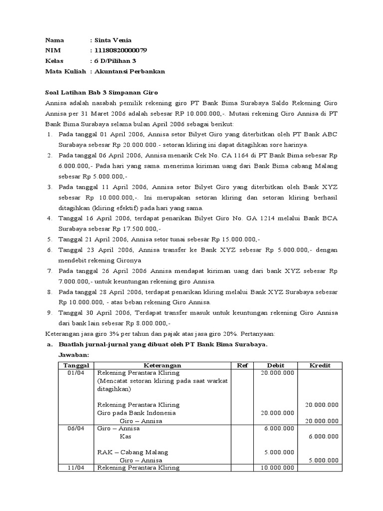 Tugas Soal Latihan - Simpanan Giro & Deposito - Sinta Venia - 11180820000079 - 6D | PDF