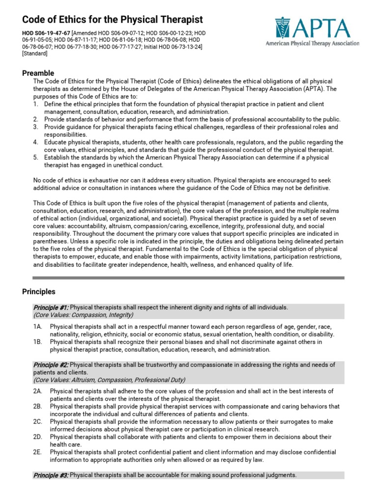 Montana physical therapy code of ethics