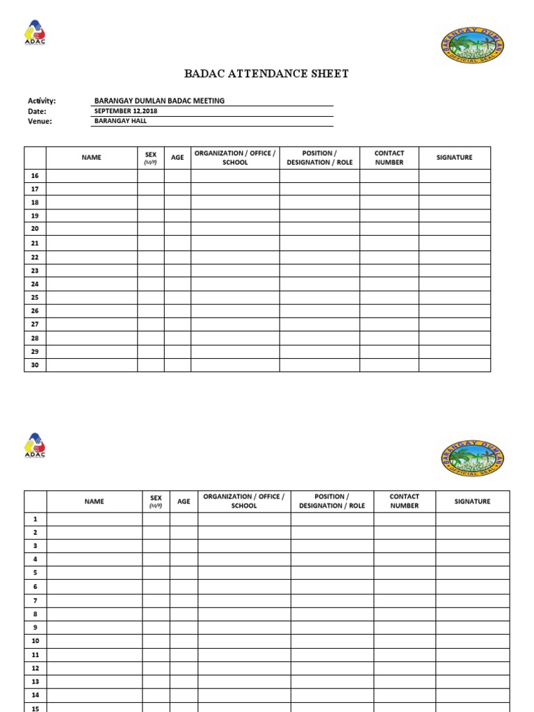BADAC Meeting Attendance Sheet | PDF