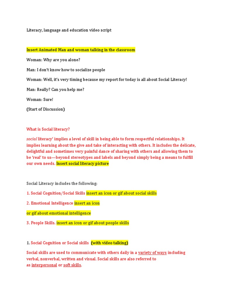 Social Literacy' Implies A Level of Skill in Being Able To Form ...