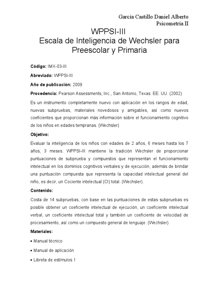 Ficha Técnica - WPPSI-III | PDF | Cociente de inteligencia | Escala de inteligencia para adultos ...