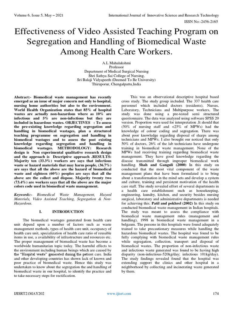 Effectiveness of Video Assisted Teaching Program On Segregation and ...