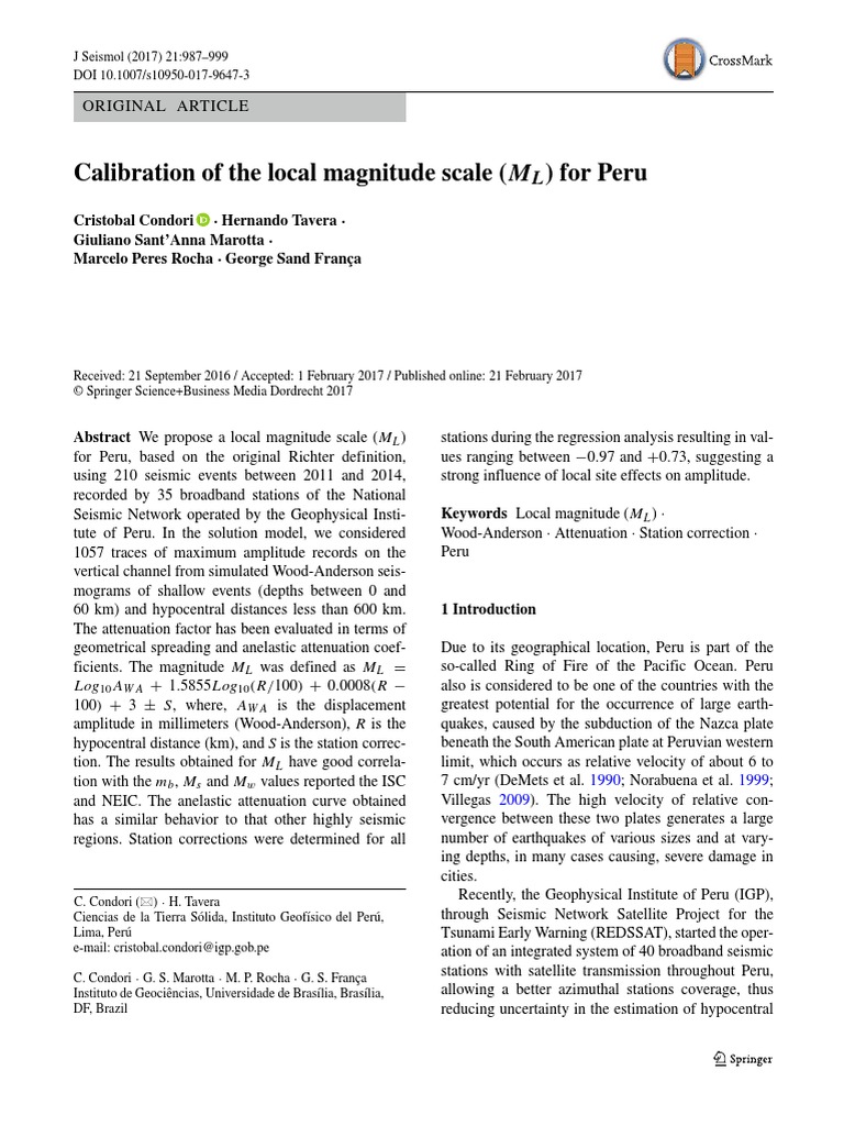 Calibration of The Local Magnitude Scale ML For Peru Sin Traducir | PDF ...