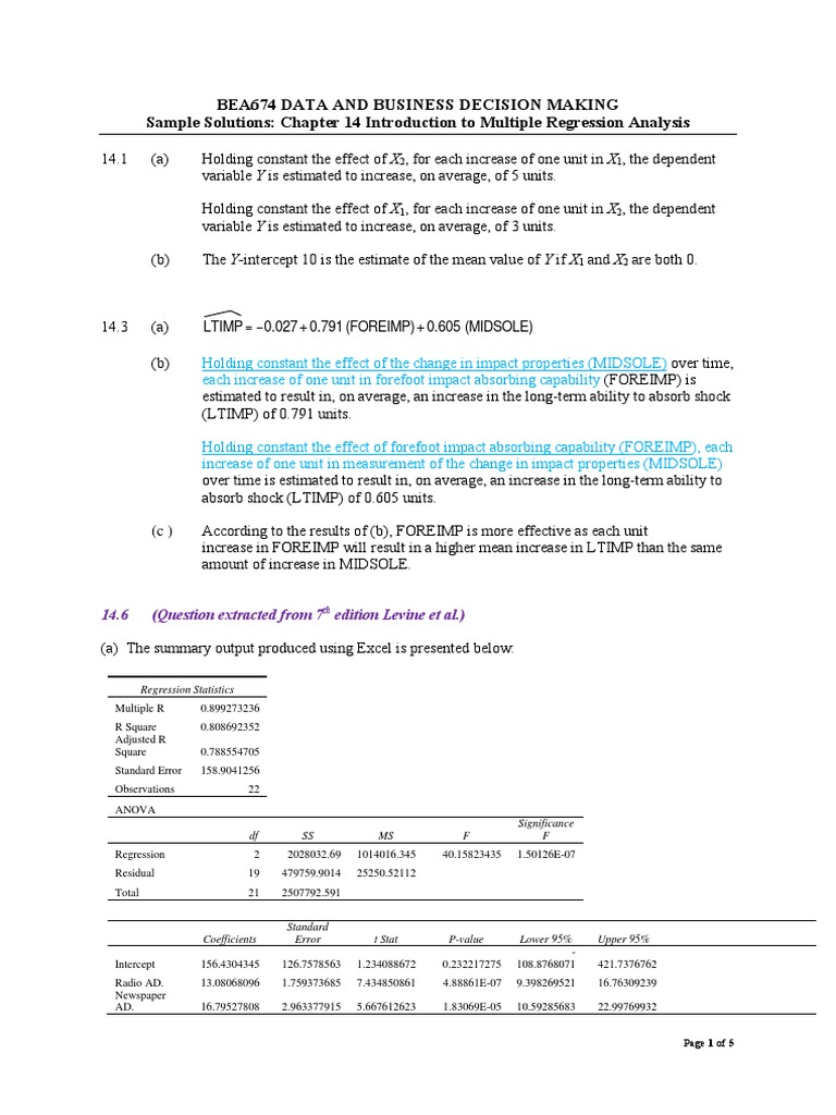 Week 13 Tutorial - Sample Solutions - Chapter 14-MYLOVJune2020S1 | PDF | Errors And Residuals ...