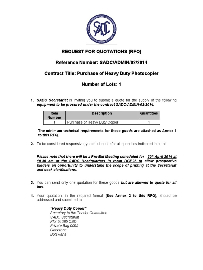 Request For Quotations (RFQ) Reference Number: SADC/ADMIN/02/2014 ...