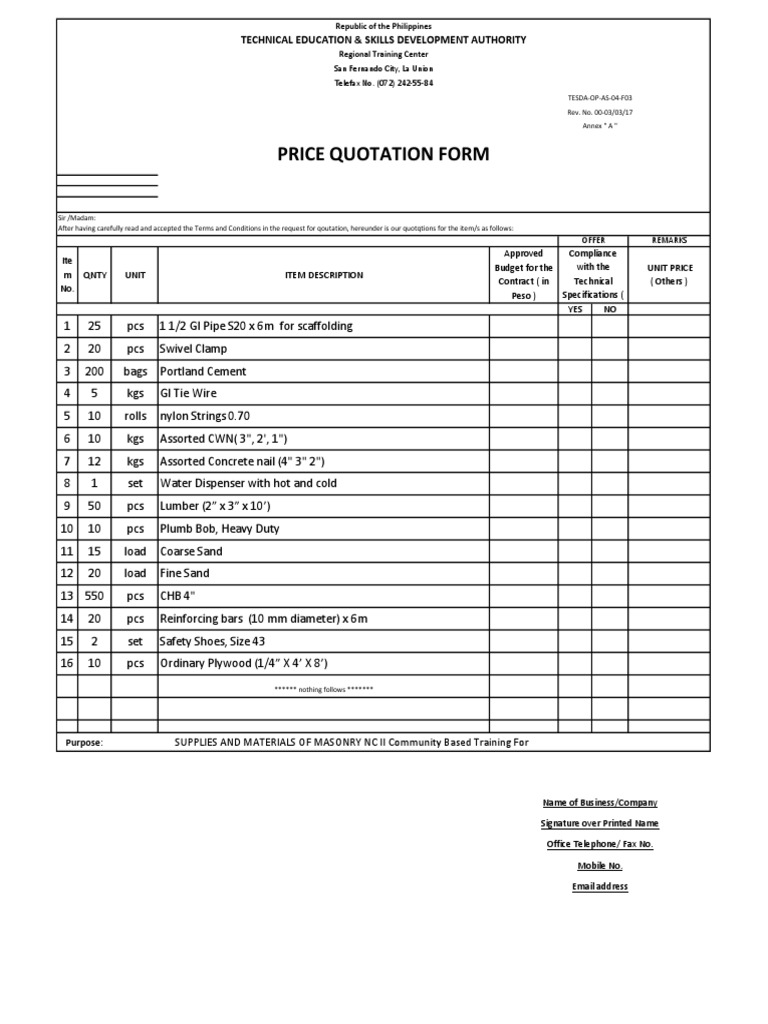 Price Quotation Form: Technical Education & Skills Development ...