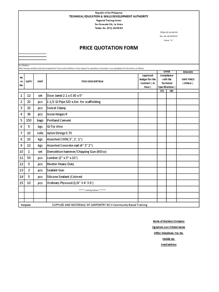 Price Quotation Form: Technical Education & Skills Development ...