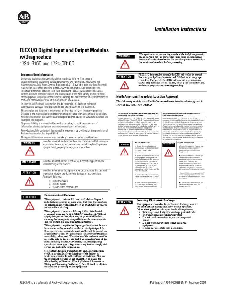 FLEX I/O Digital Input and Output Modules W/diagnostics: 1794-IB16D and ...