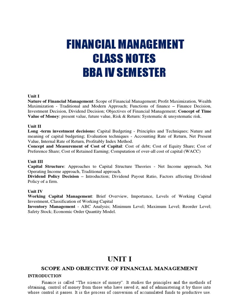Financial Management Class Notes Bba Iv Semester: Unit I | PDF ...