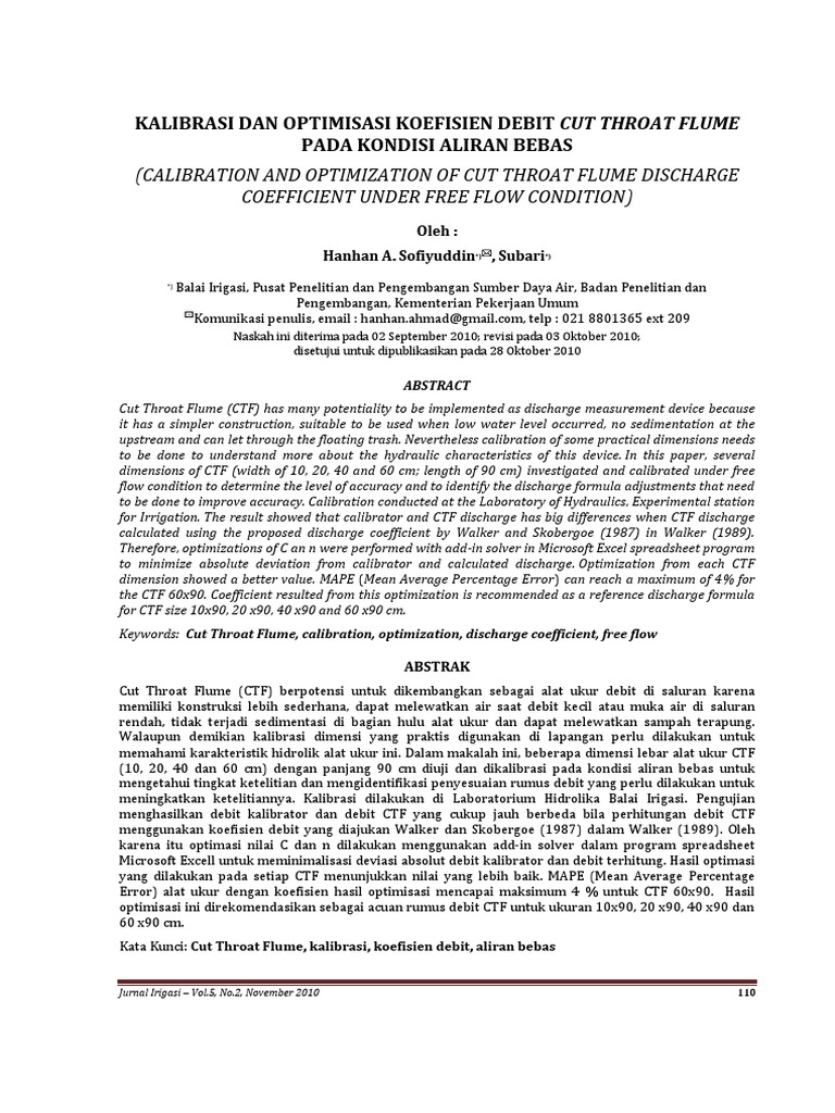 Kalibrasi Dan Optimisasi Koefisien Debit Cut Throat Flume Pada Kondisi ...