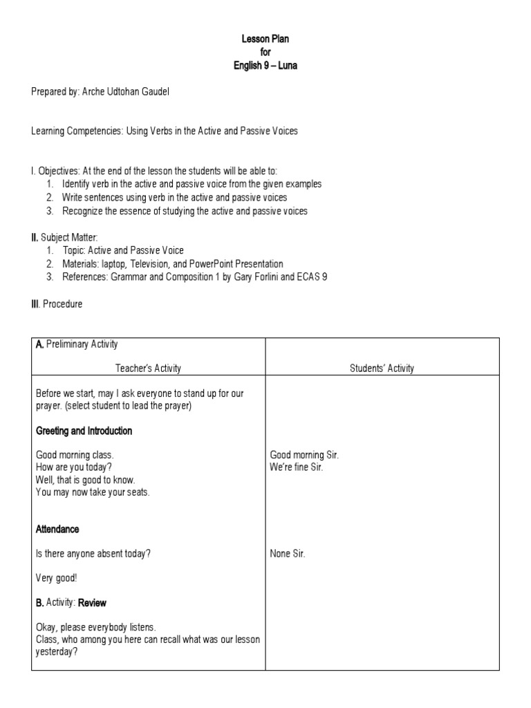 Lesson Plan Active and Passive English 9-1 | PDF | Verb | Subject (Grammar)