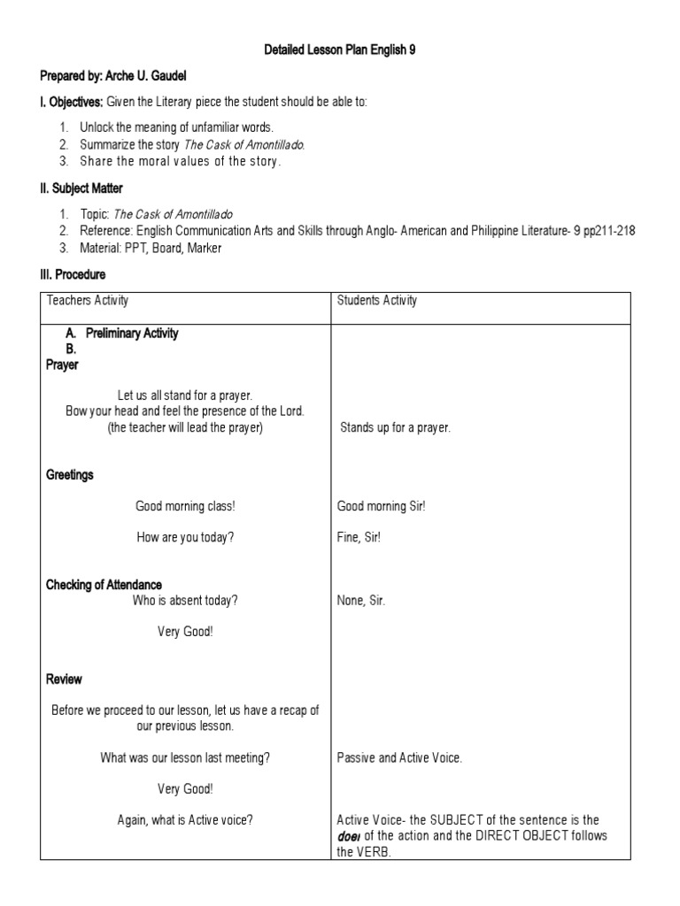 Cask of Amontillado Lesson Plan | PDF | Language Arts & Discipline